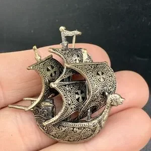 Estate | Jewelry | Vintage Damascene Brooch Ship Silver Tone Galleon ...